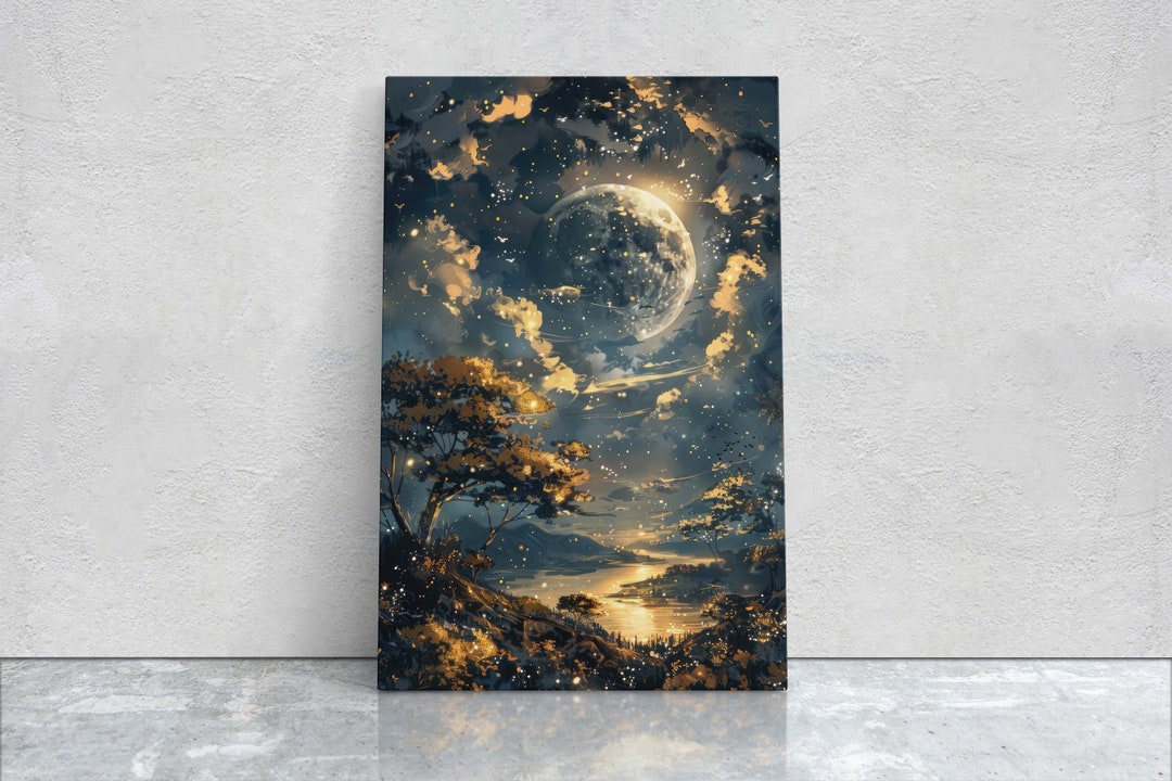 Full Moon, Celestial Painting, Night Sky, Golden Glow, Majestic ...