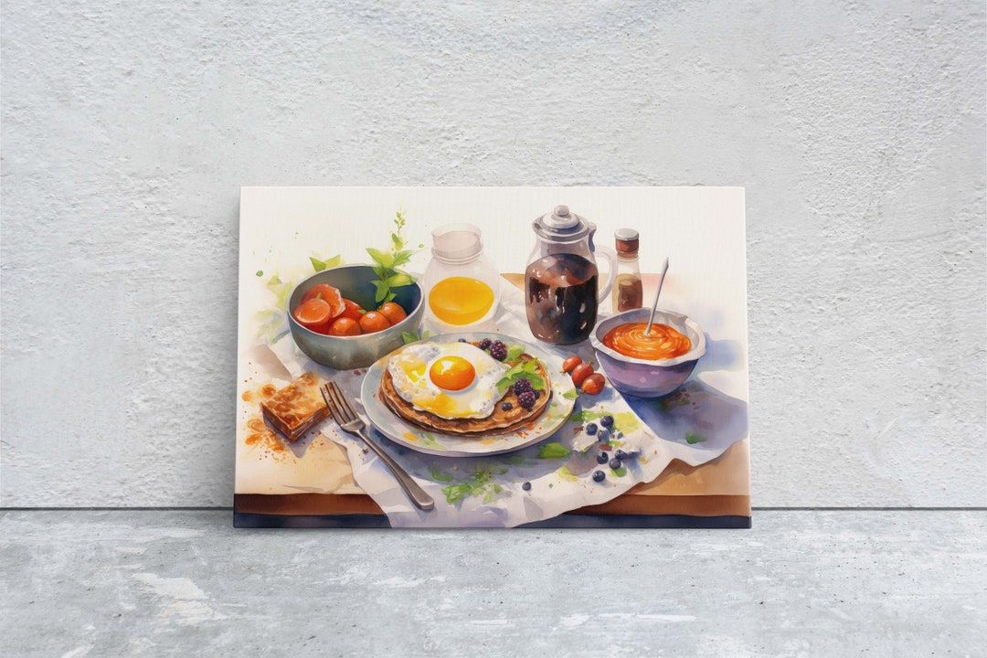 Breakfast Watercolor, Breakfast Painting, Food Art, Kitchen Art, Eggs ...