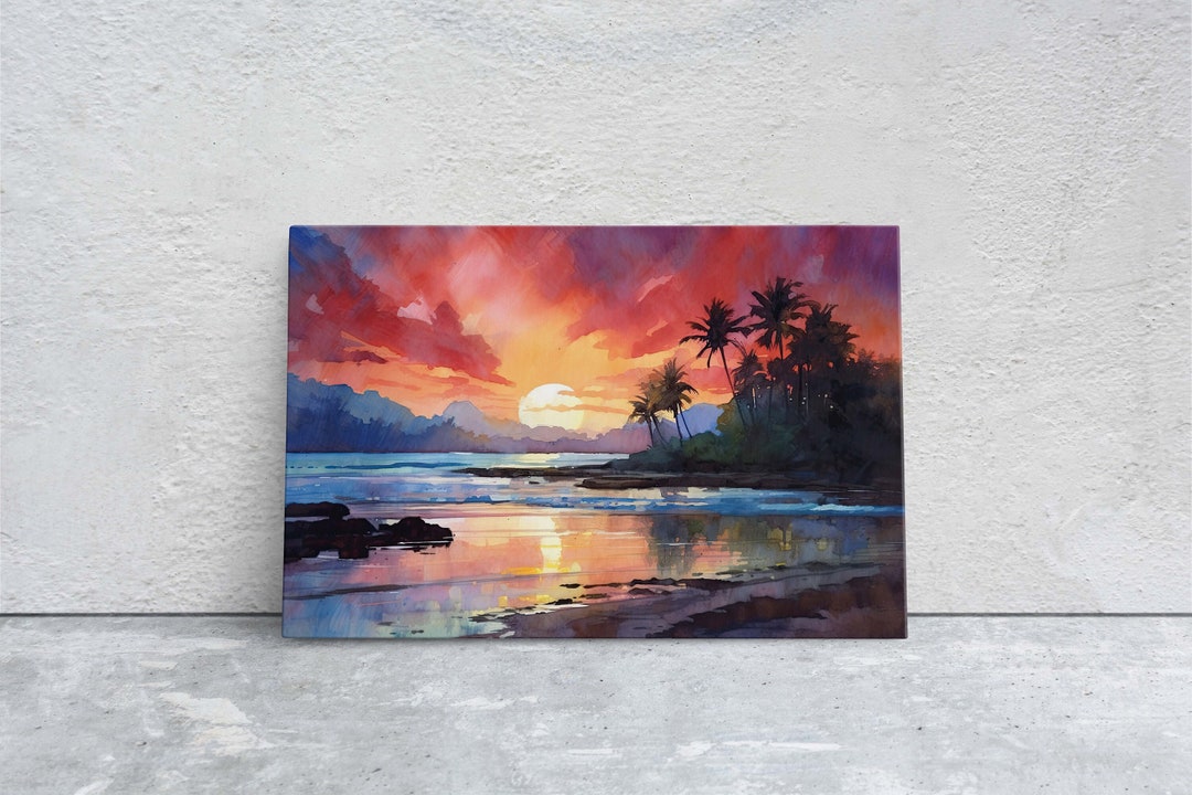 Dusk Beach on Canvas, Sunset Ocean, Sunrise Oceanside, Watercolor ...