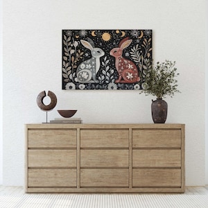 Rabbit Folk Art, Celestial Art, Bunny Art, Nature Print, Canvas Print ...