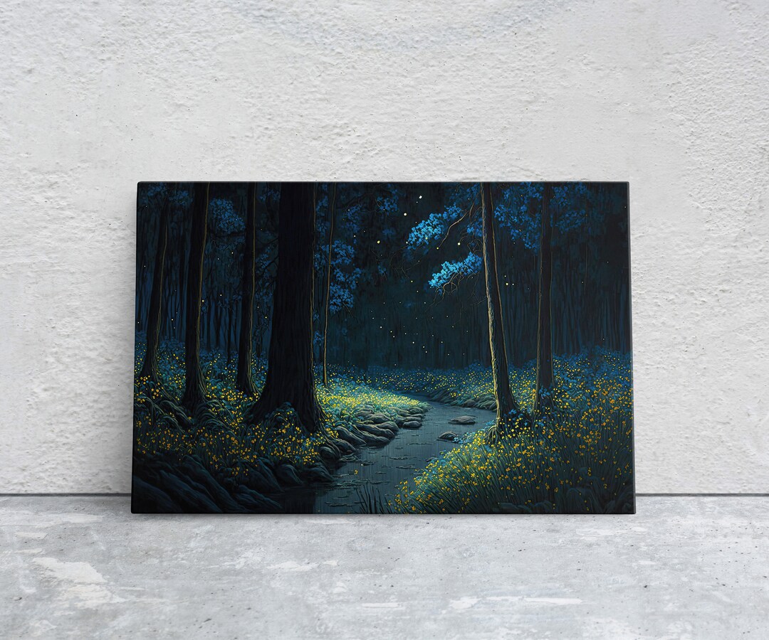 Mystical Forest at Night Fireflies Canvas Art Ready to Hang Large Print ...