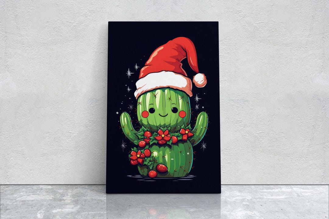 Chibi Christmas Cactus Canvas, Cute Cartoon Style (1.25in Thick) - Etsy