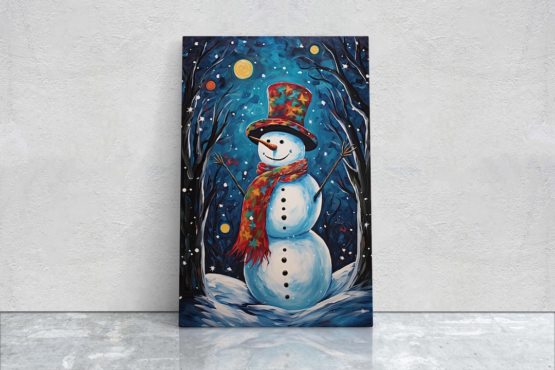Starry Snowman, Colorful Snowman, Snowman Painting, Framed Canvas ...