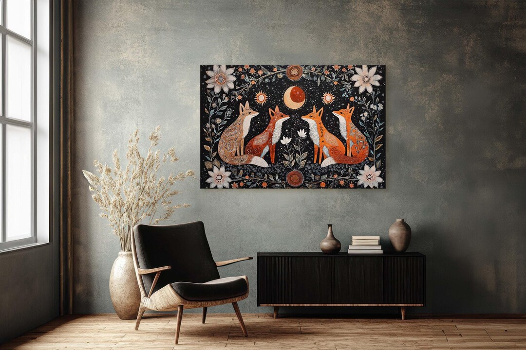 Fox Folk Art, Celestial Art, Fox Art, Nature Print, Canvas Print - Etsy