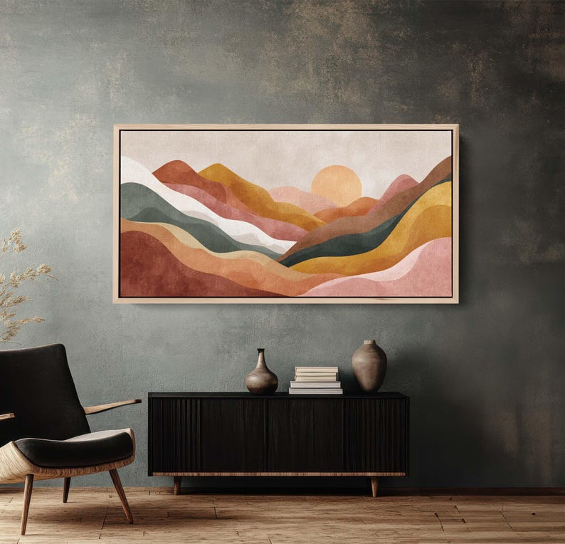 Abstract Boho Landscape Canvas Print, Rolling Hills Sunset Art, Warm ...
