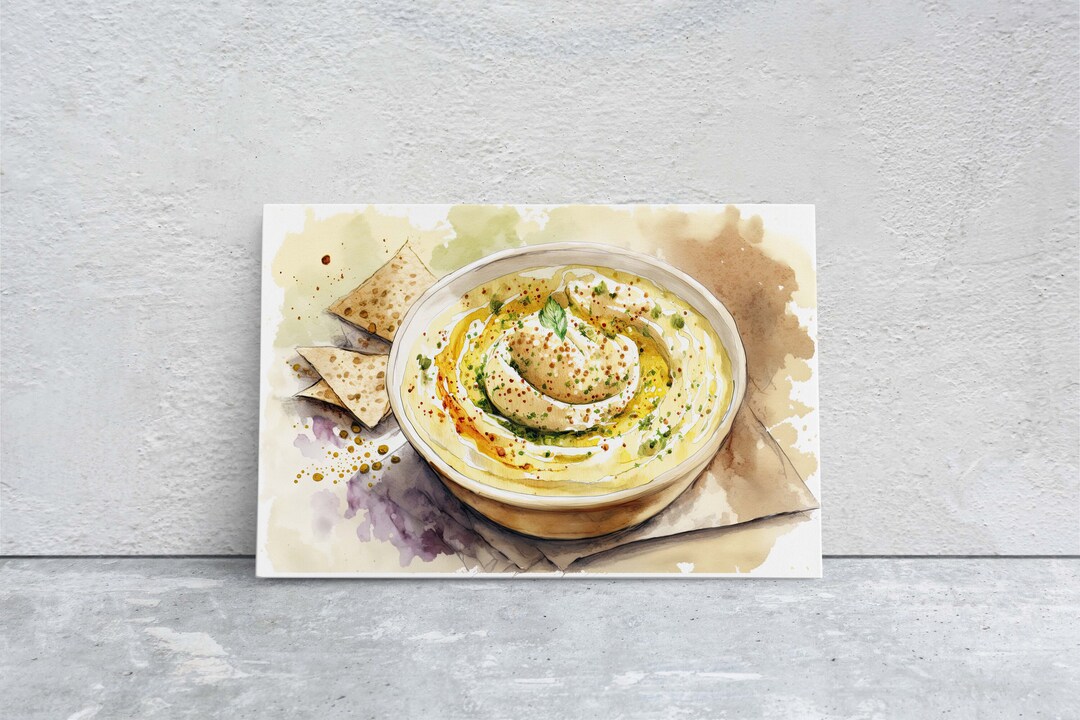 Hummus and Pita, Chickpea, Ready to Hang, Large Print, Watercolor ...