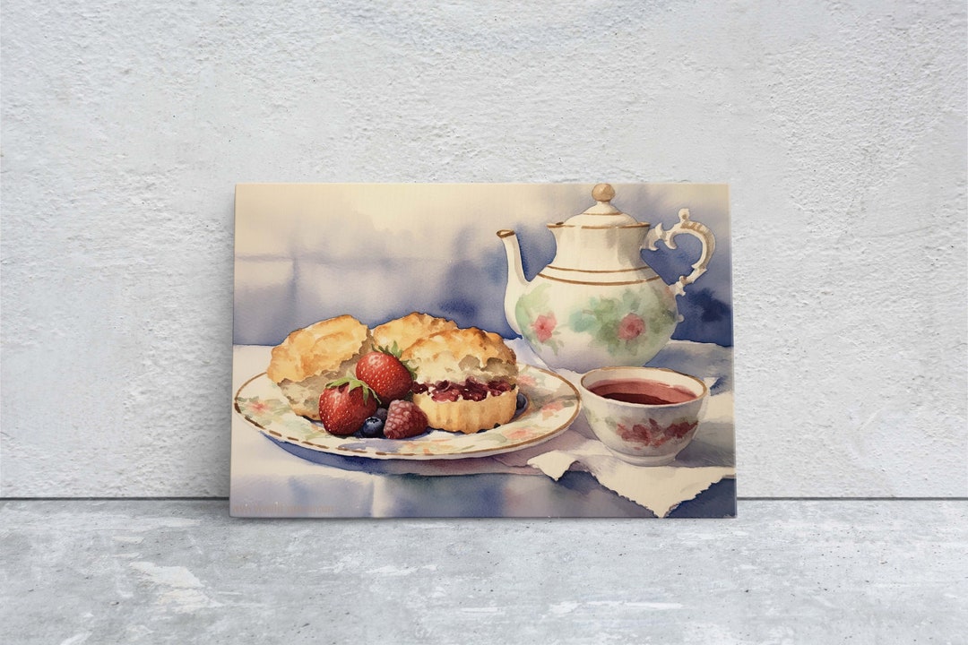 Tea and Scones, Watercolor, Food Painting, Kitchen Decor, Large Canvas ...