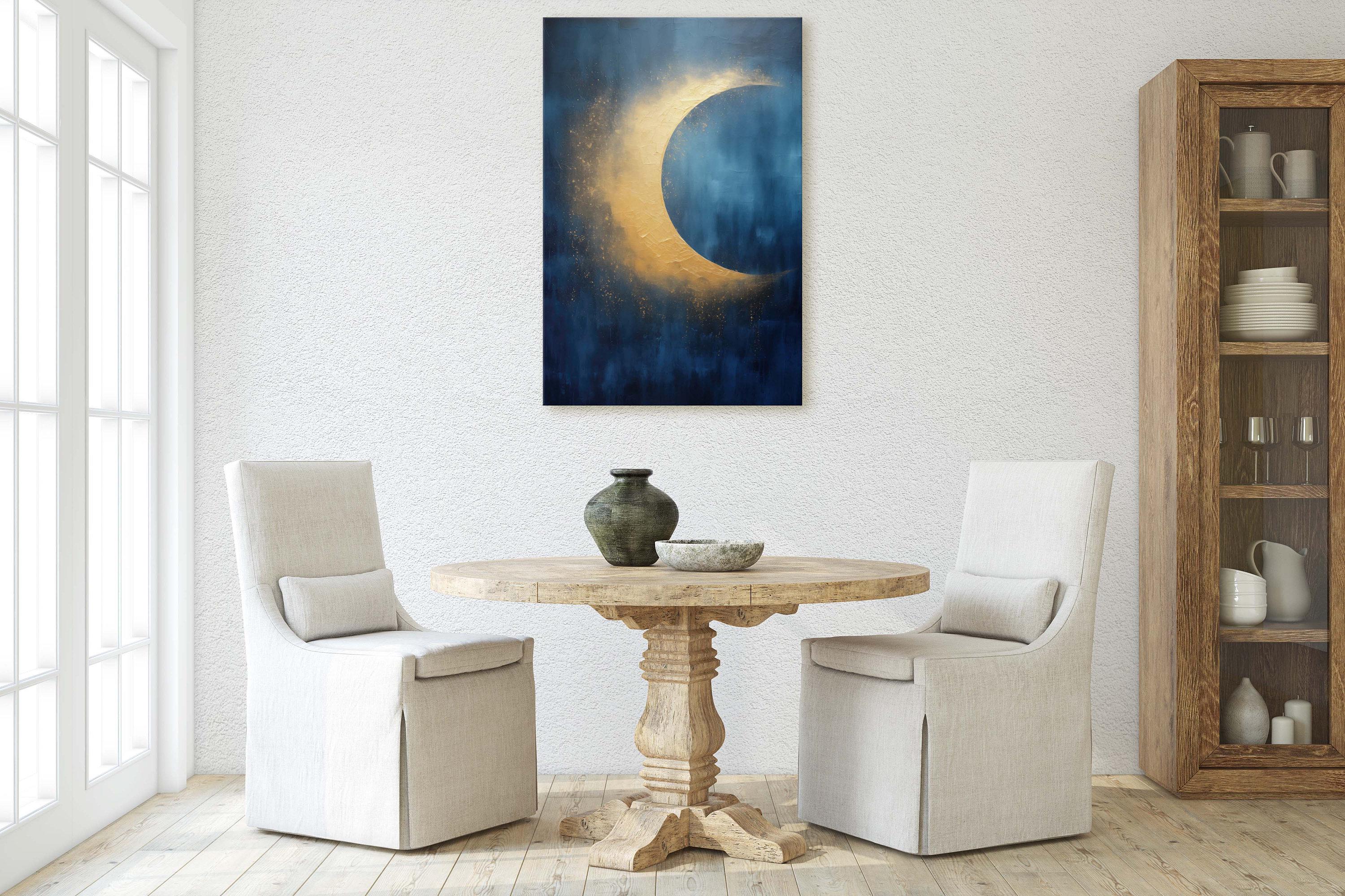 Moon Canvas Painting: Gold and Indigo Night Sky (minimalist Decor) - Etsy