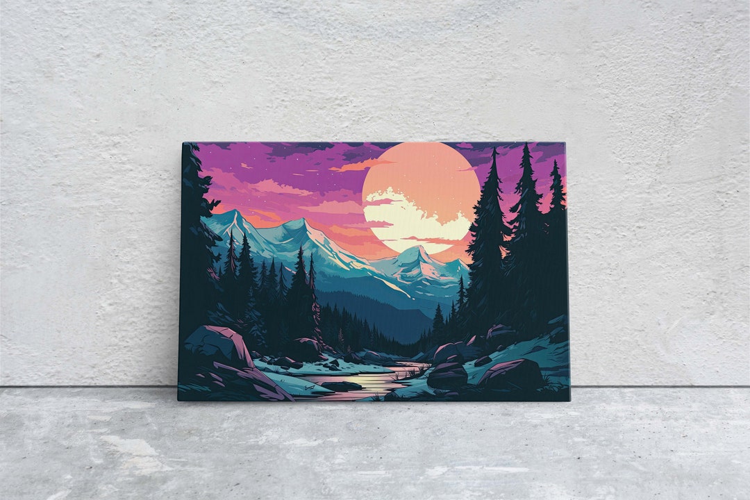 Mountain and Moon on Canvas, Nightfall Mountains, Midnight Landscape ...