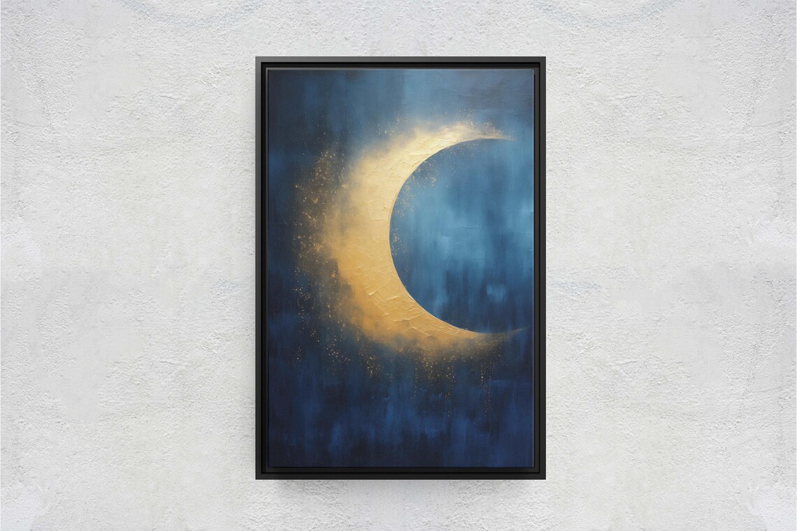 Moon Canvas Painting: Gold and Indigo Night Sky (minimalist Decor) - Etsy