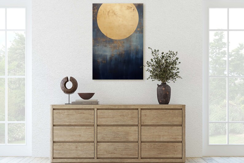 Gold Moon on Indigo, Moon Painting, Minimalist Art, Circle Indigo ...
