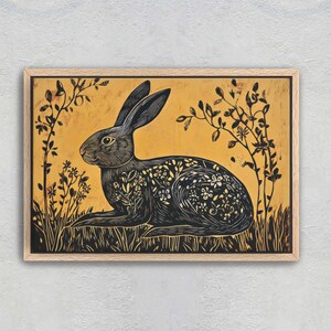Folk Rabbit Art, Bunny Art, Linocut, Cottagecore, Framed Canvas, Dark ...