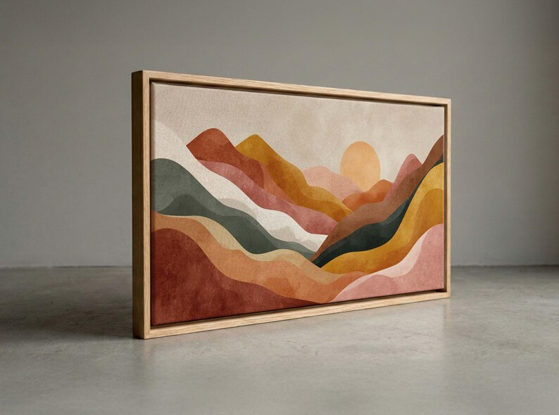 Abstract Boho Landscape Canvas Print, Rolling Hills Sunset Art, Warm ...