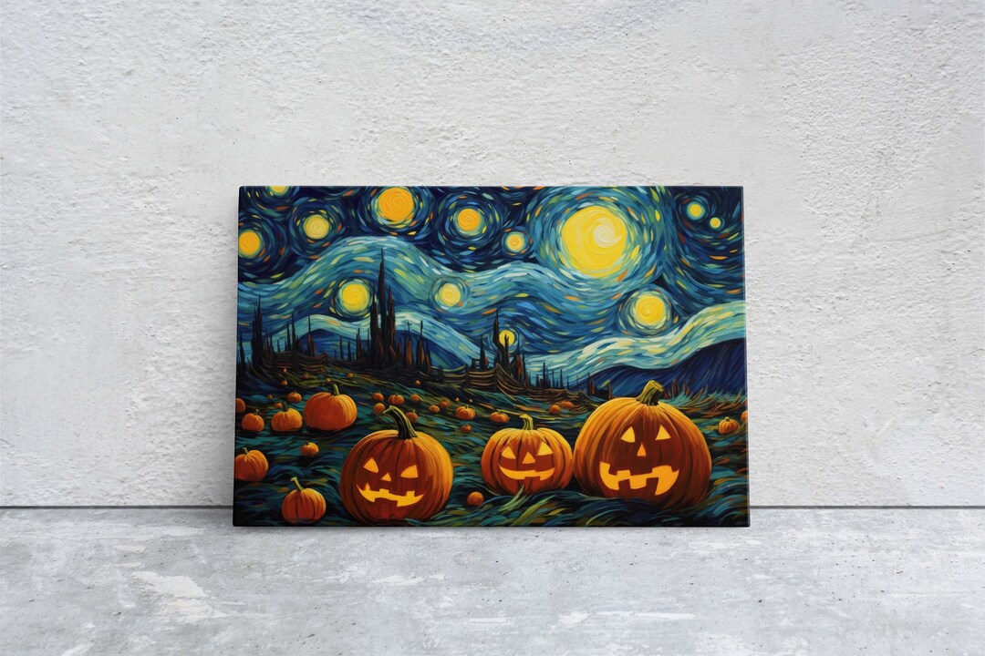 Pumpkin Starry Night on Canvas, Halloween Van Gogh, Jack-o-lantern ...