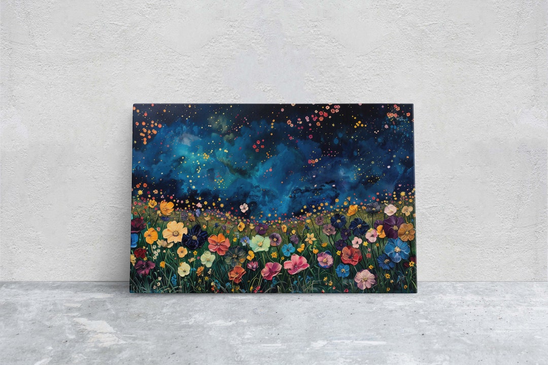 Wildflowers in Night, Night Time, Colorful Decor, Framed Canvas, Flower ...