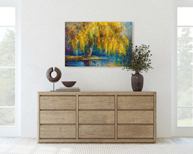 Golden Willow, Weeping Willow, Abstract Modern, Framed Canvas, Large ...