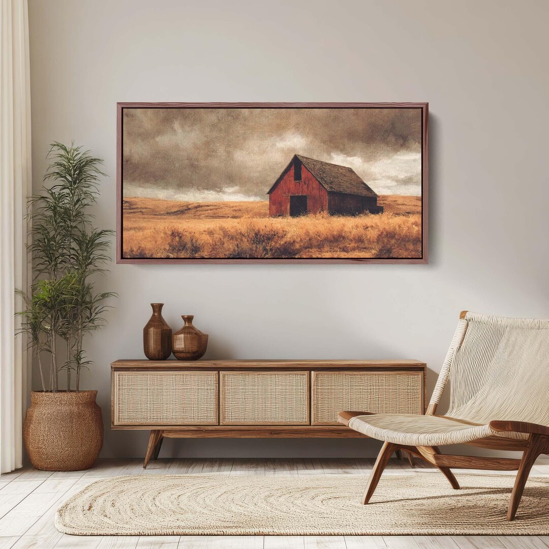 Rustic Red Barn in Stormy Field Canvas Print, Vintage Style Farmhouse ...