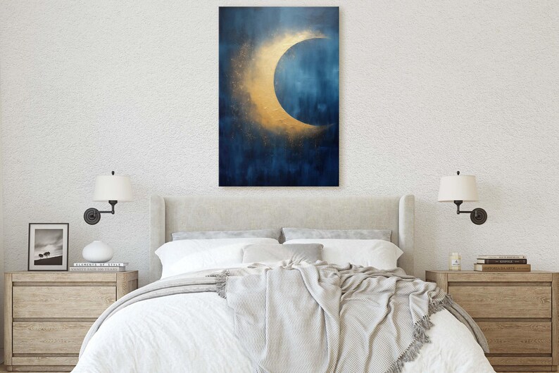 Moon Canvas Painting: Gold and Indigo Night Sky (minimalist Decor) - Etsy