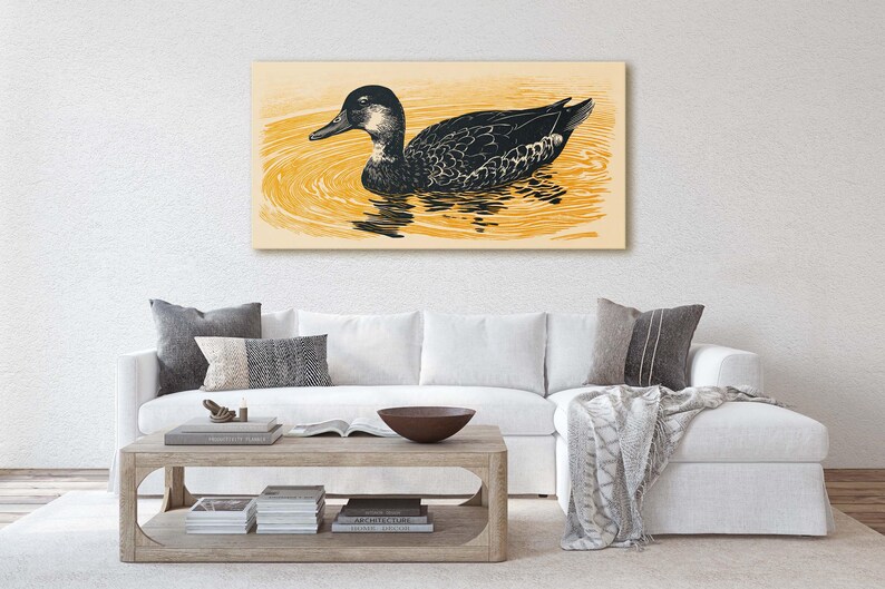 Woodcut Duck Canvas Print, Golden Water Wildlife Art, Rustic Lake House ...