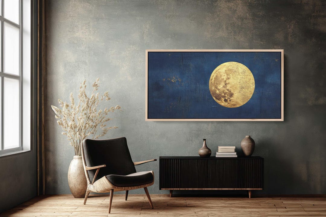 Indigo Gold Moon, Full Moon Art, Moon Landscape, Contemporary Art ...