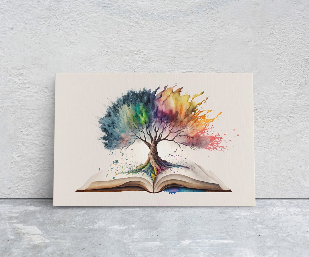 Tree of Knowledge Watercolor Canvas Art Ready to Hang Large Print, Book ...