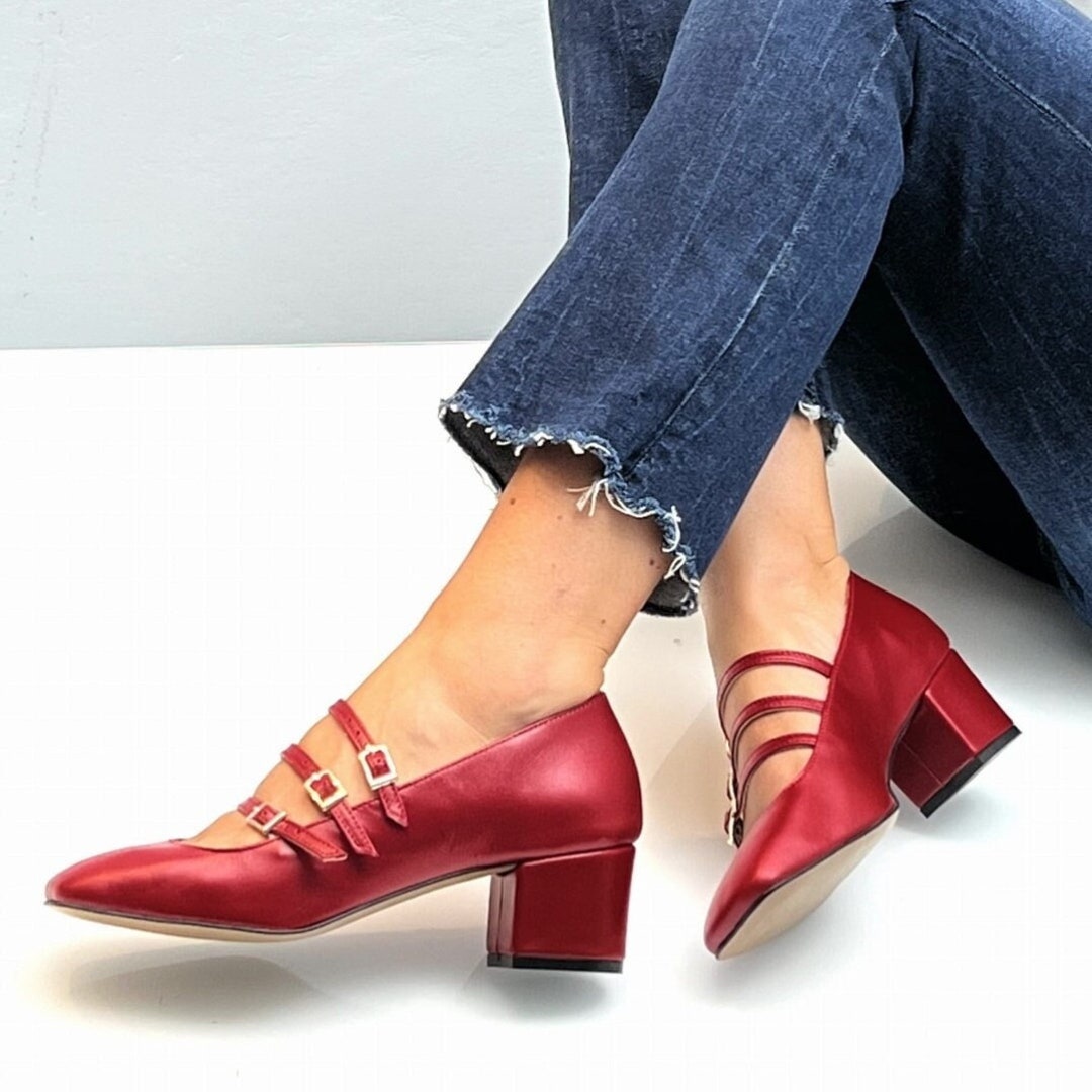 Leather Sandals for Women, Low Heel Pumps, Elegant Red Shoes With ...