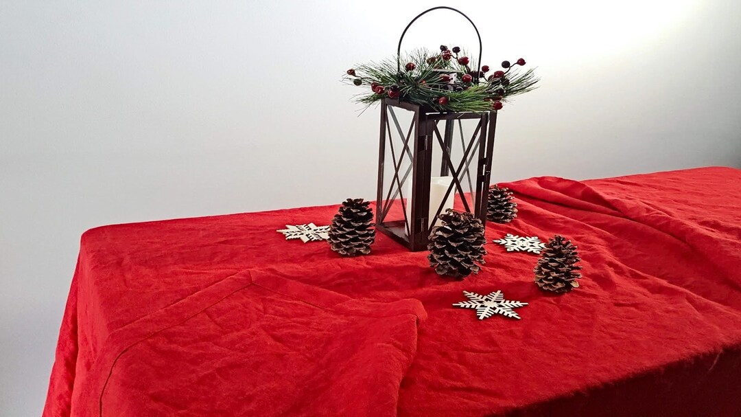 Christmas Linen Tablecloth With Mitered Corners, Red Linen Tablecloth ...