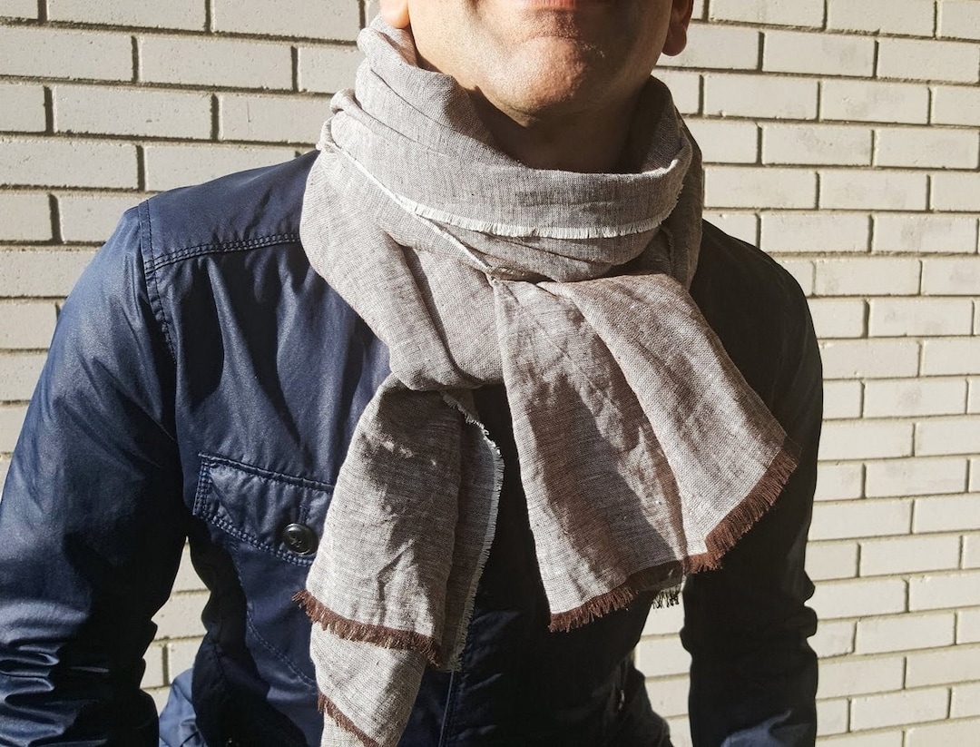 Pure Linen Scarf With Fringe for Men, Women Natural Linen Shawl, Washed ...