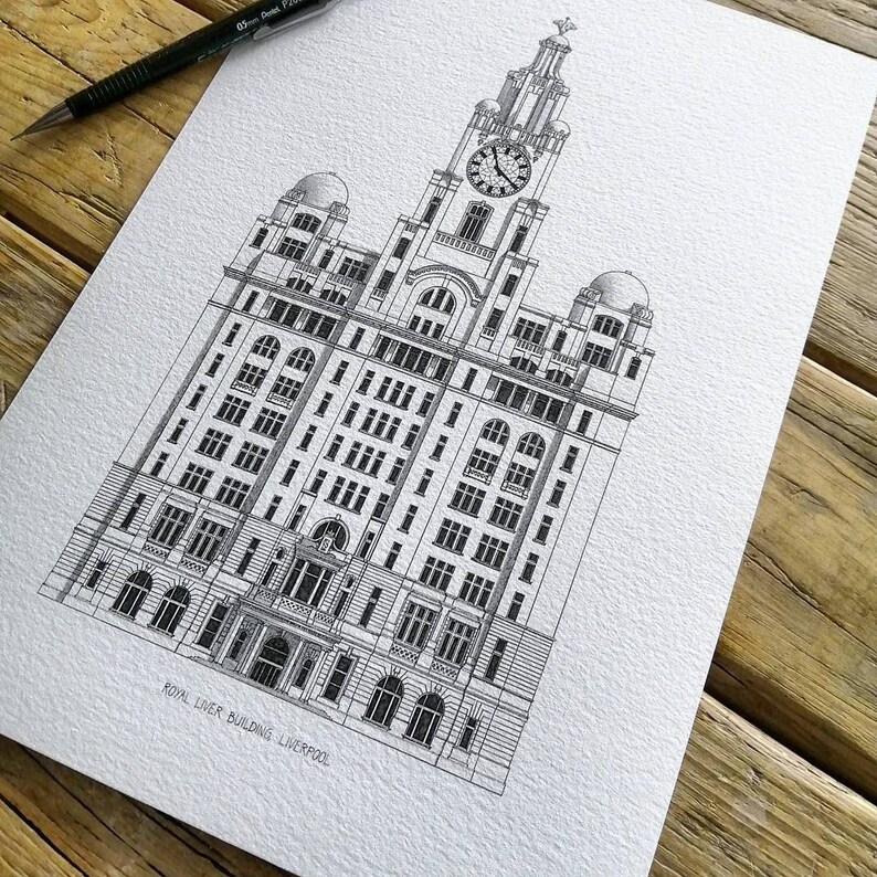 Liver Building, Liverpool - Architecture Drawing - High Quality Print ...