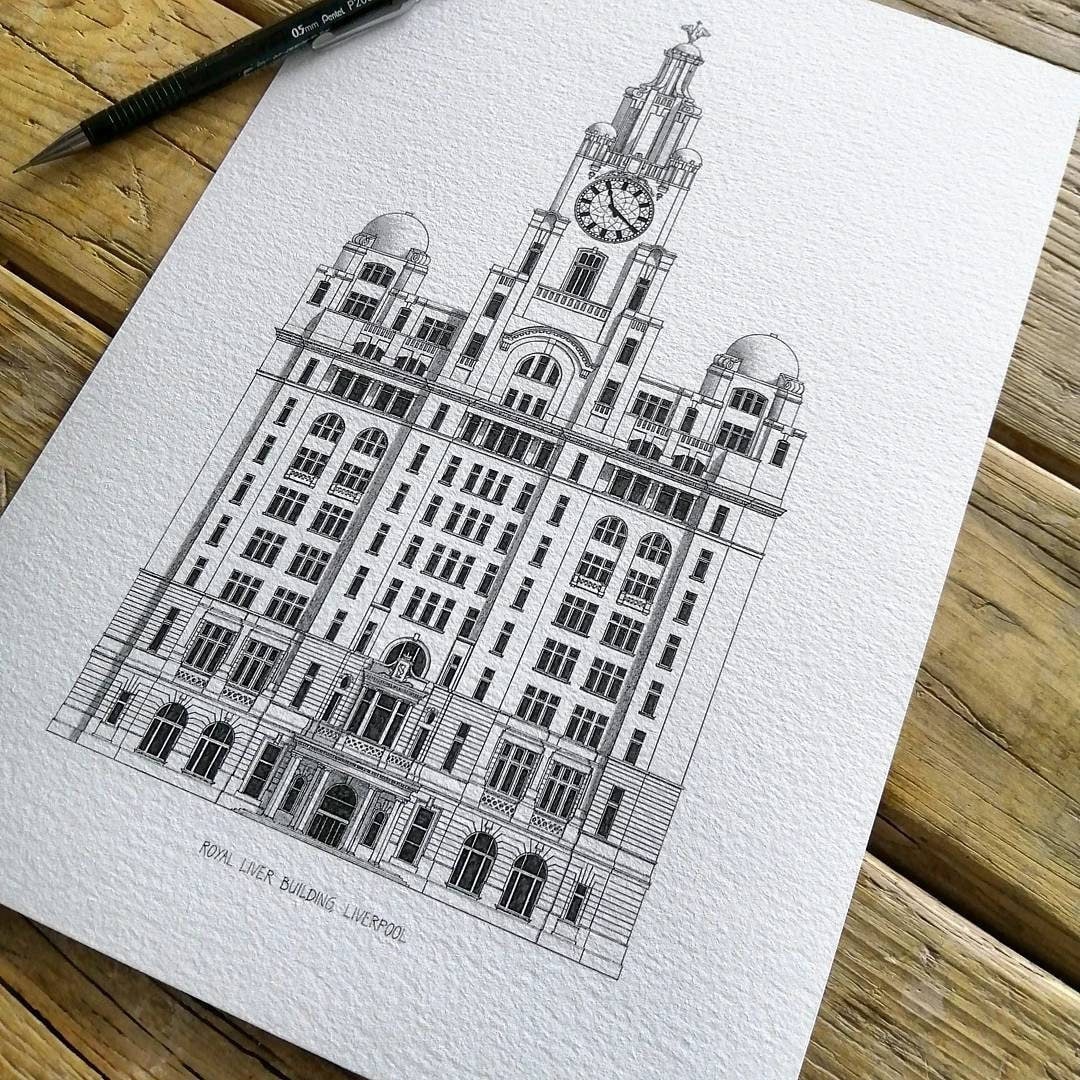 Liver Building, Liverpool - Architecture Drawing - High Quality Print ...