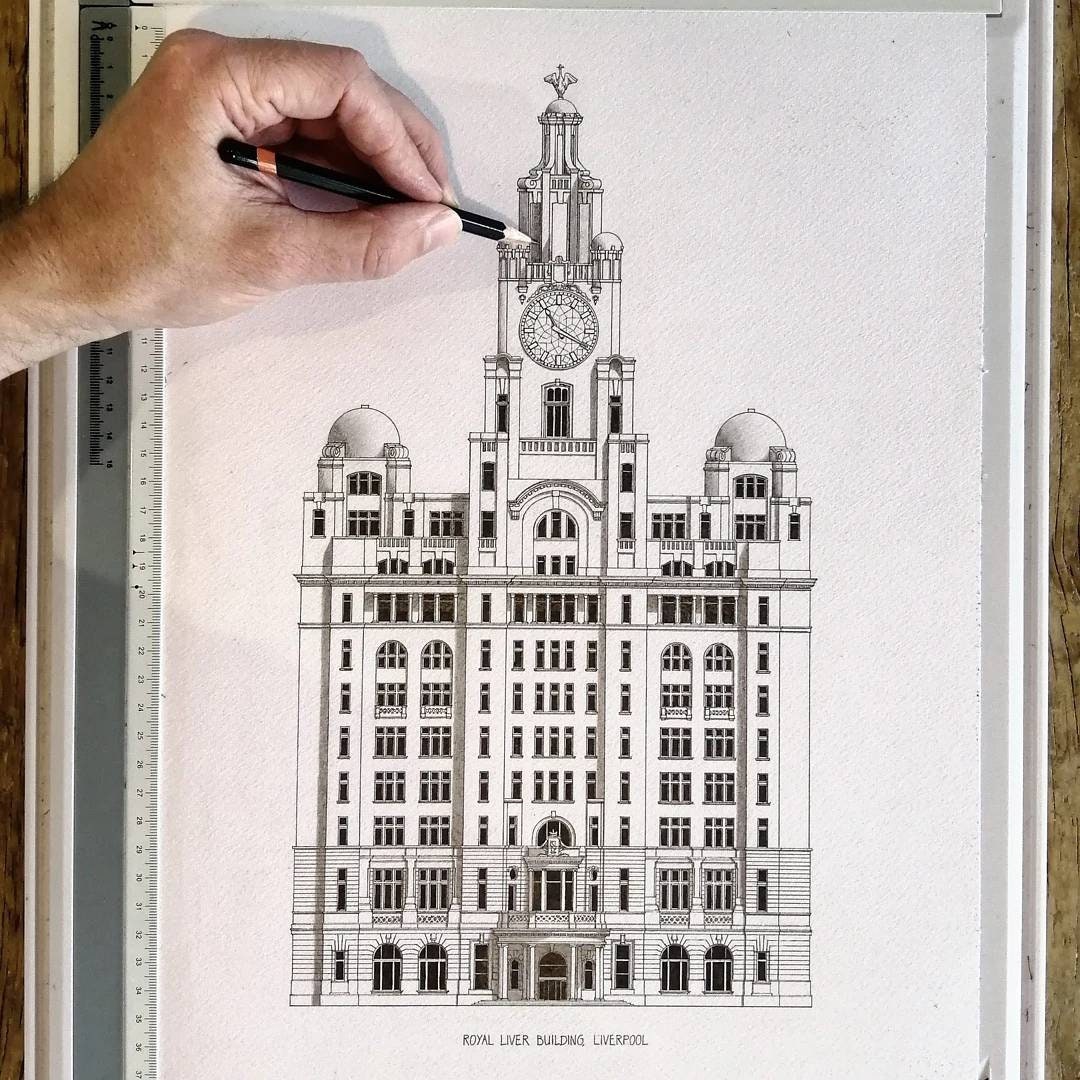 Liver Building, Liverpool - Architecture Drawing - High Quality Print ...