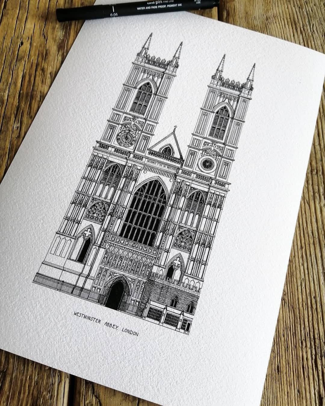 Westminster Abbey, London Architecture Drawing High Quality Print ...