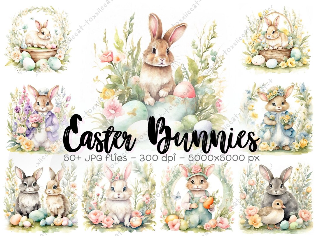 Bunny Clipart, Vintage Spring Clipart, Bunny Floral Clipart, Easter ...