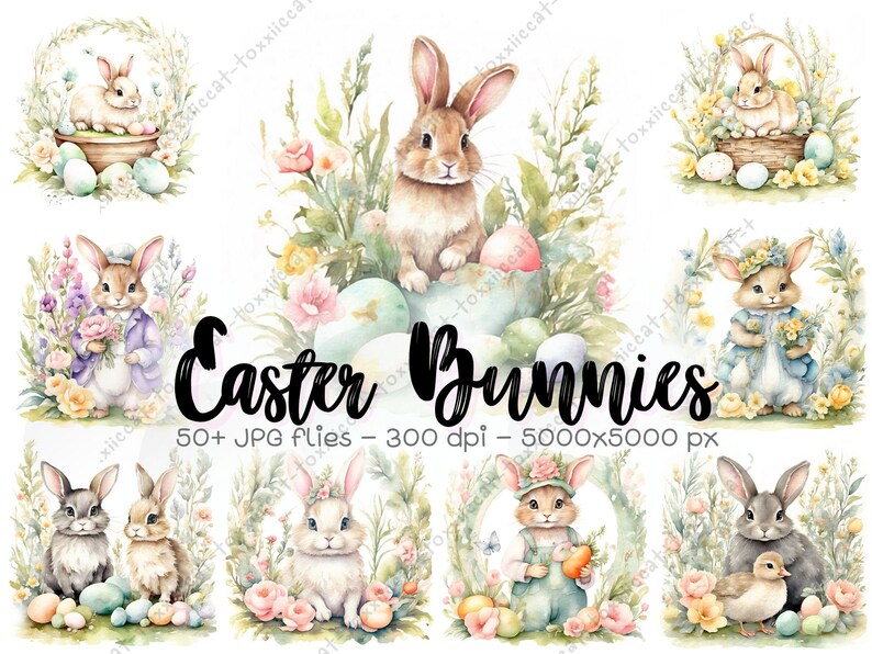 Bunny Clipart, Vintage Spring Clipart, Bunny Floral Clipart, Easter ...