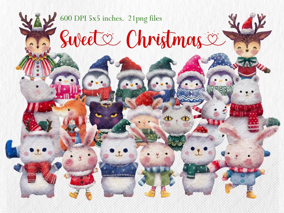Holiday Christmas Animal Watercolor Clipart, Cute Animals Watercolor ...
