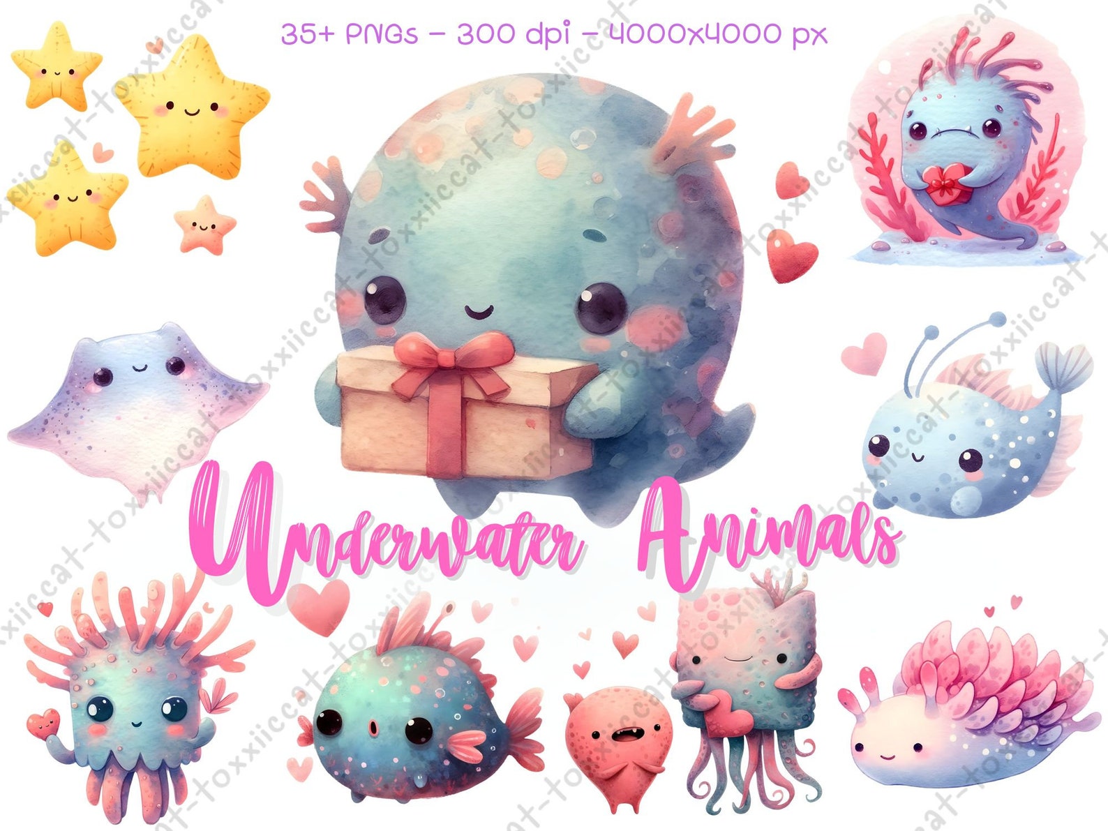 Underwater Animals Clipart, Cute Underwater Sea Animals Set Watercolor ...