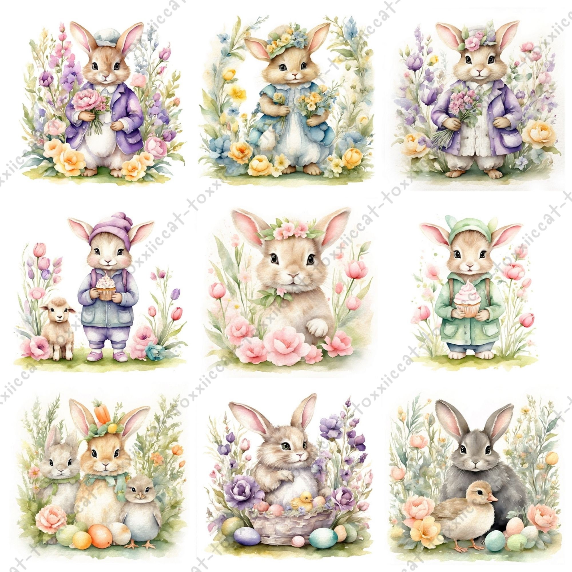 Bunny Clipart, Vintage Spring Clipart, Bunny Floral Clipart, Easter ...