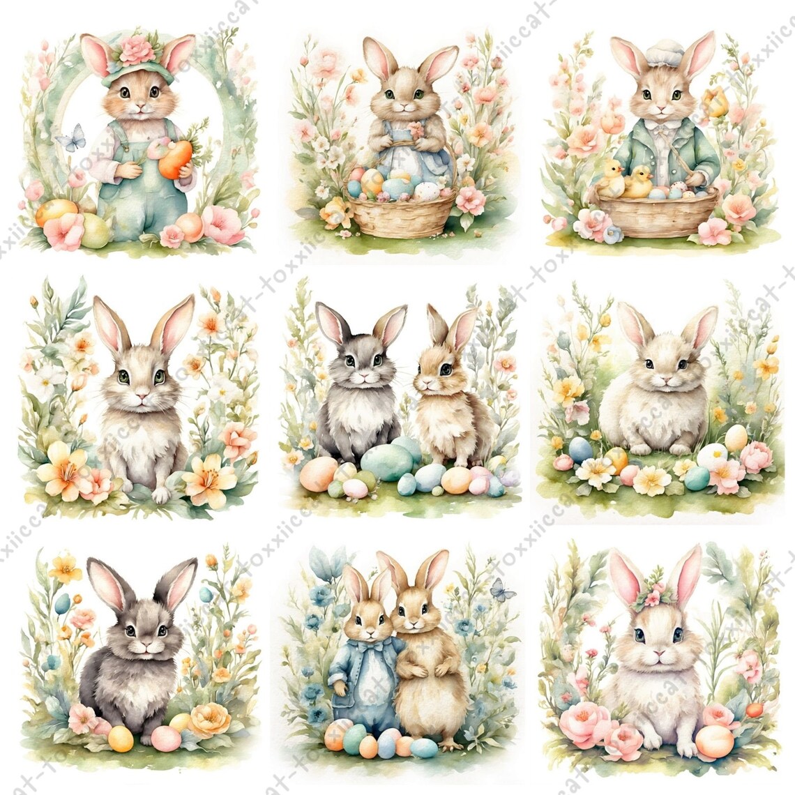 Bunny Clipart, Vintage Spring Clipart, Bunny Floral Clipart, Easter ...