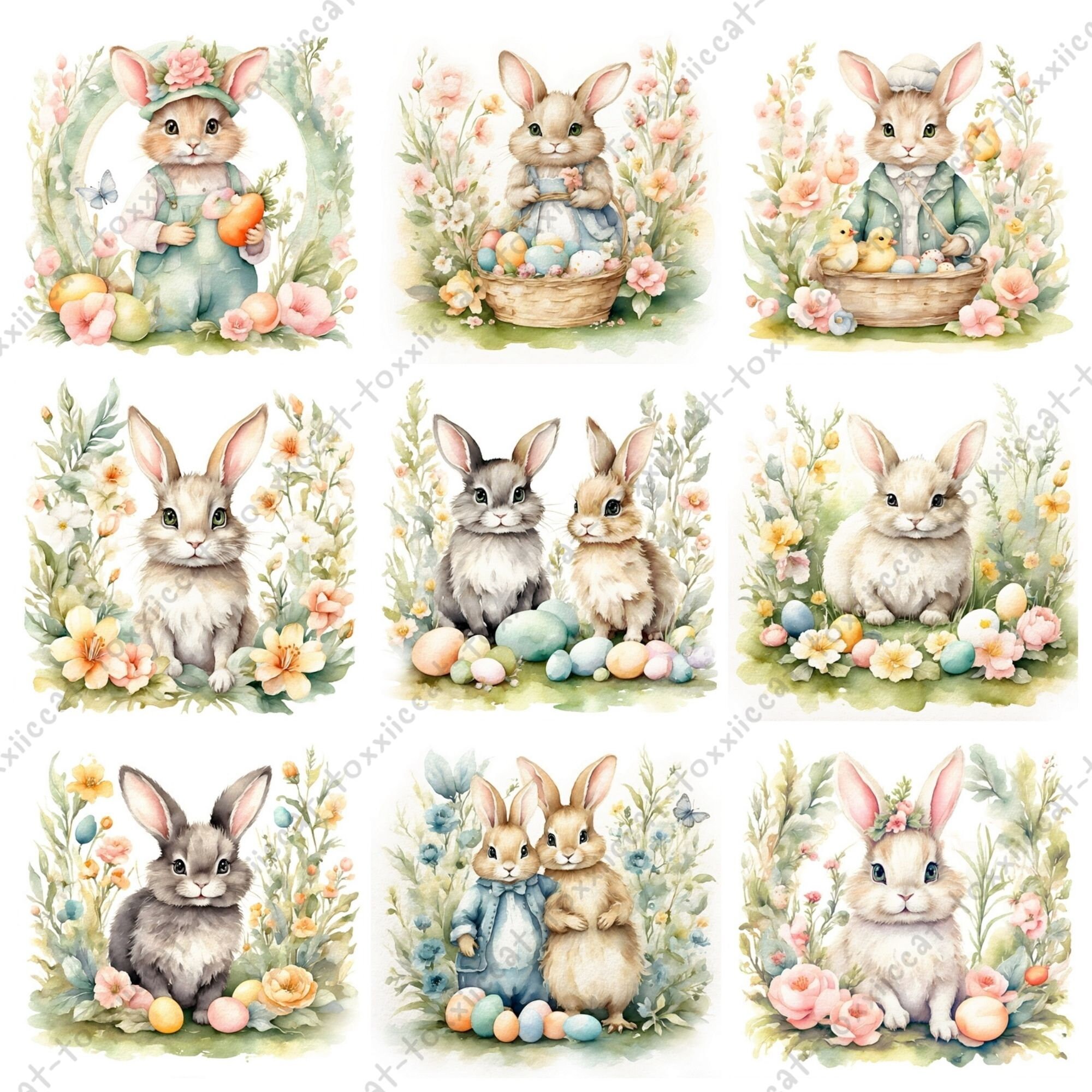 Bunny Clipart, Vintage Spring Clipart, Bunny Floral Clipart, Easter ...