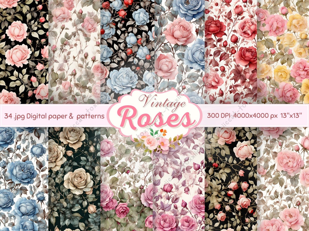 Vintage Rose Paper, Vintage Digital Paper Bundle, Roses Scrapbook ...
