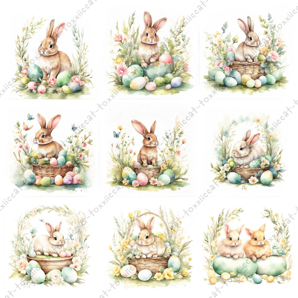 Bunny Clipart, Vintage Spring Clipart, Bunny Floral Clipart, Easter ...