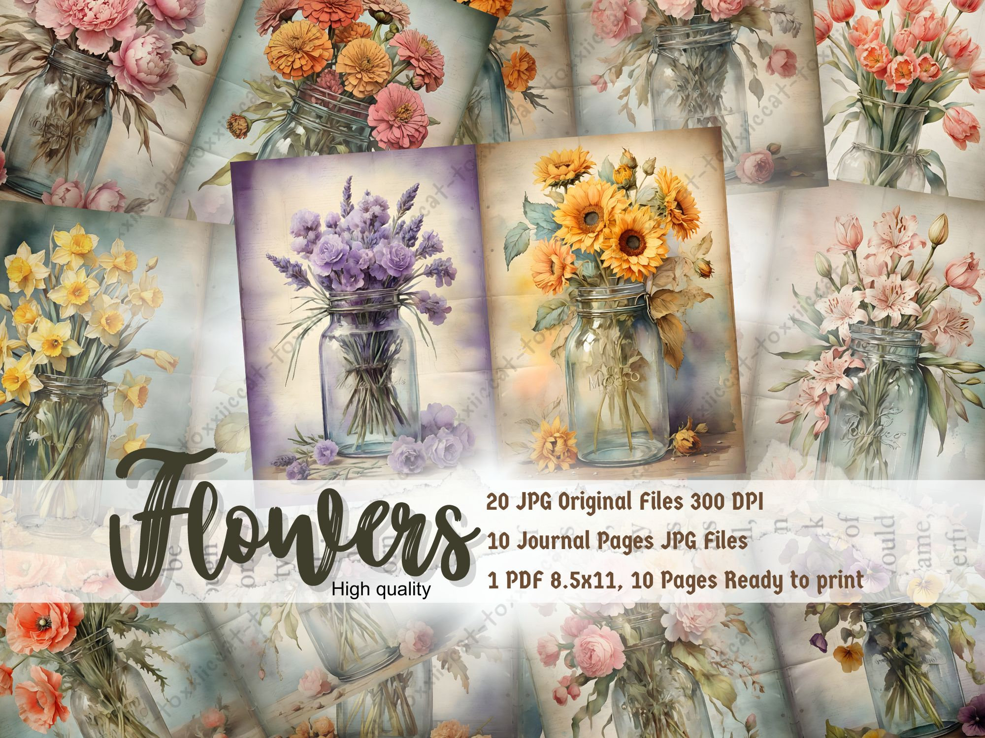 Vintage Flowers Junk Journal Printable Page, Watercolor Spring Flowers ...