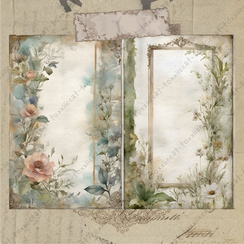 Vintage Floral Frame Junk Journal Flower Page Printable, Shabby Flowers ...