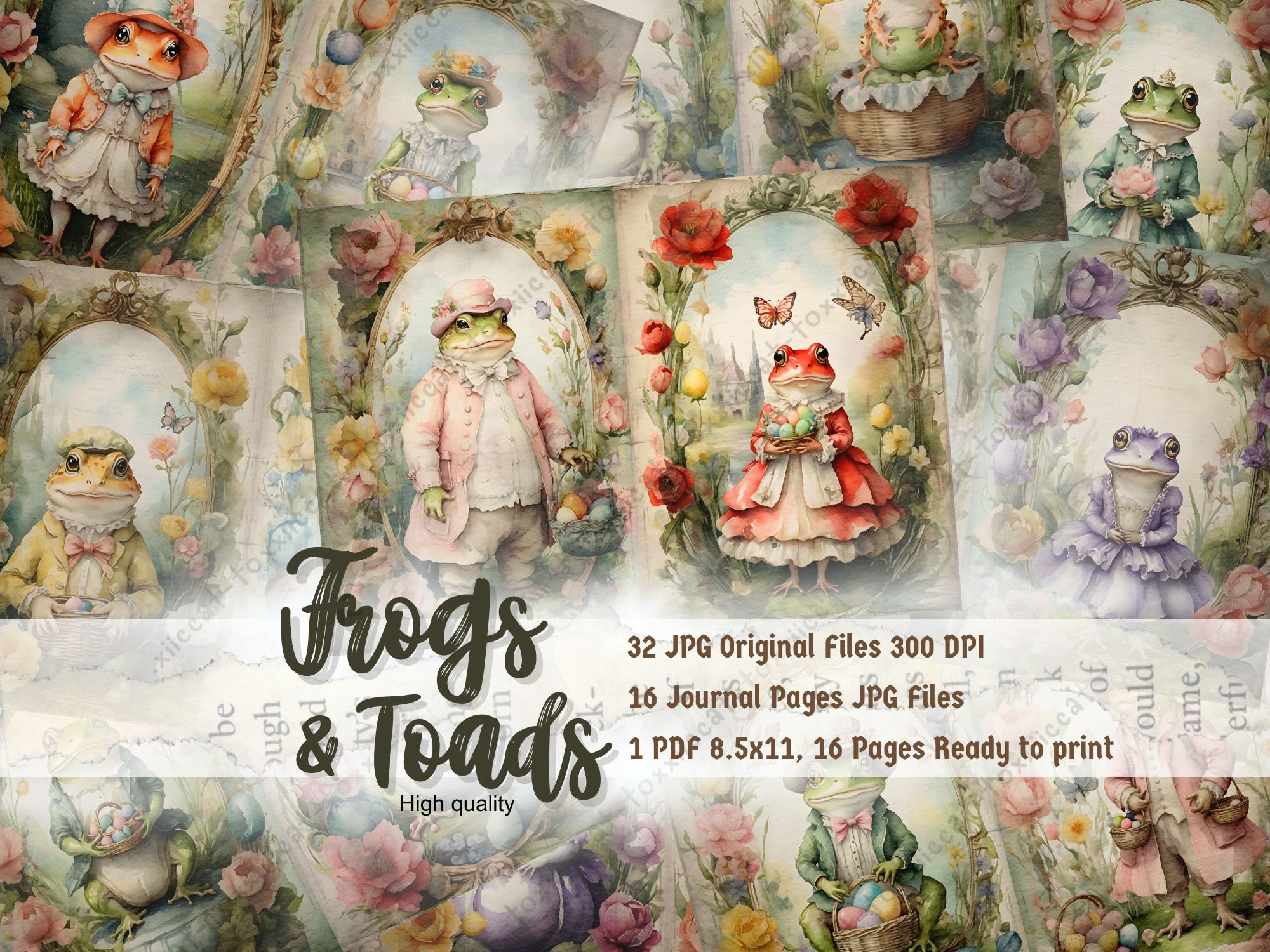 Vintage Frog Digital Paper, Printable Frog Toad Pages, Dressed Animal ...