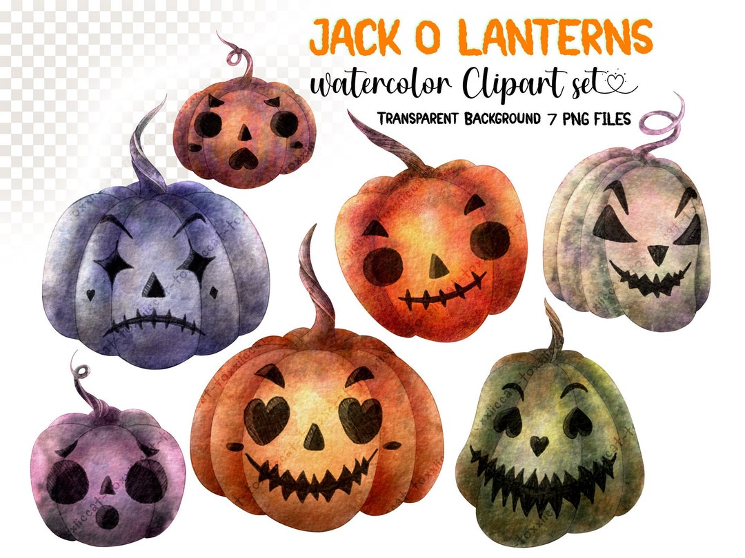 Jack O Lantern Watercolor Clipart - Halloween Pumpkin Faces - Instant ...