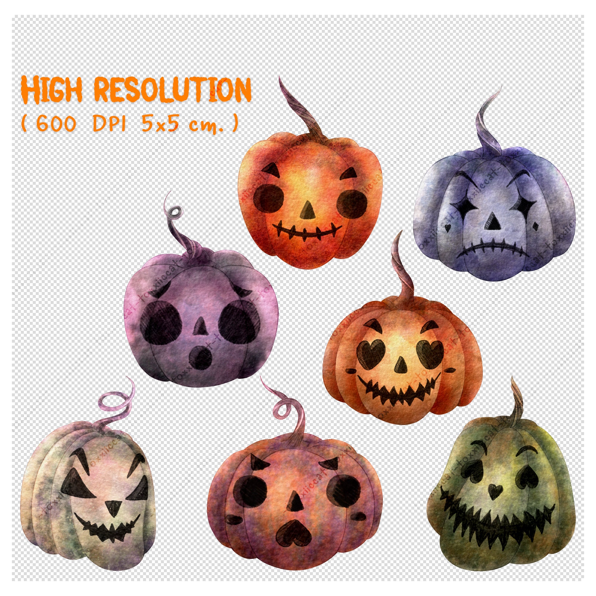 Jack O Lantern Watercolor Clipart - Halloween Pumpkin Faces - Instant ...