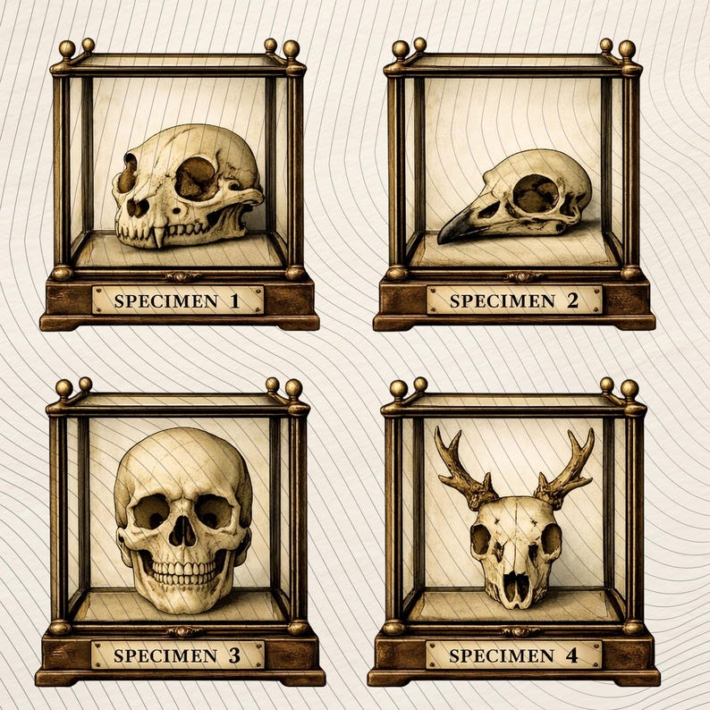 Vintage Animal Skull Cabinets Clipart, Dark Academia Specimen Display ...
