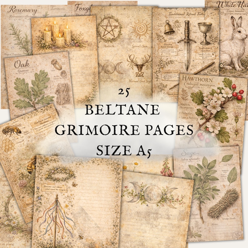 25 Victorian Botanical Grimoire Pages, Beltane Pagan Sabbat Journal (A5 ...