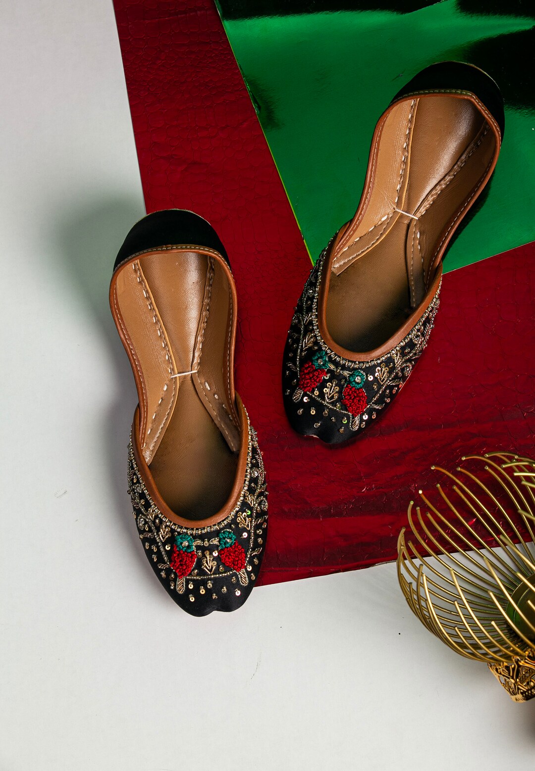 Love Birds Wedding Shoes: Black Embroidered Flats, Comfortable Bridal ...