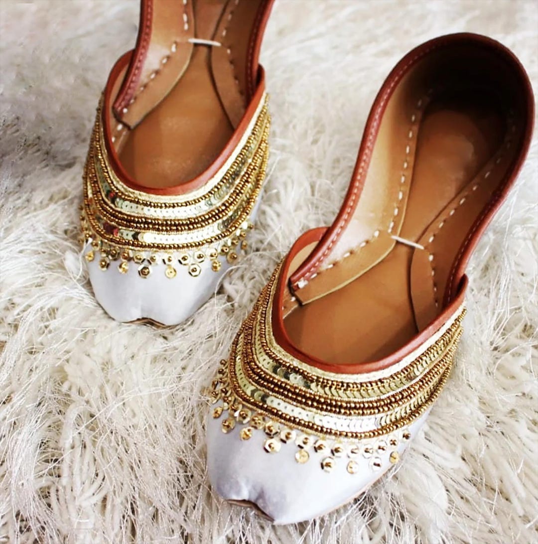 White & Gold Embellished Bridal Mojari Shoes: Handmade Indian Wedding ...